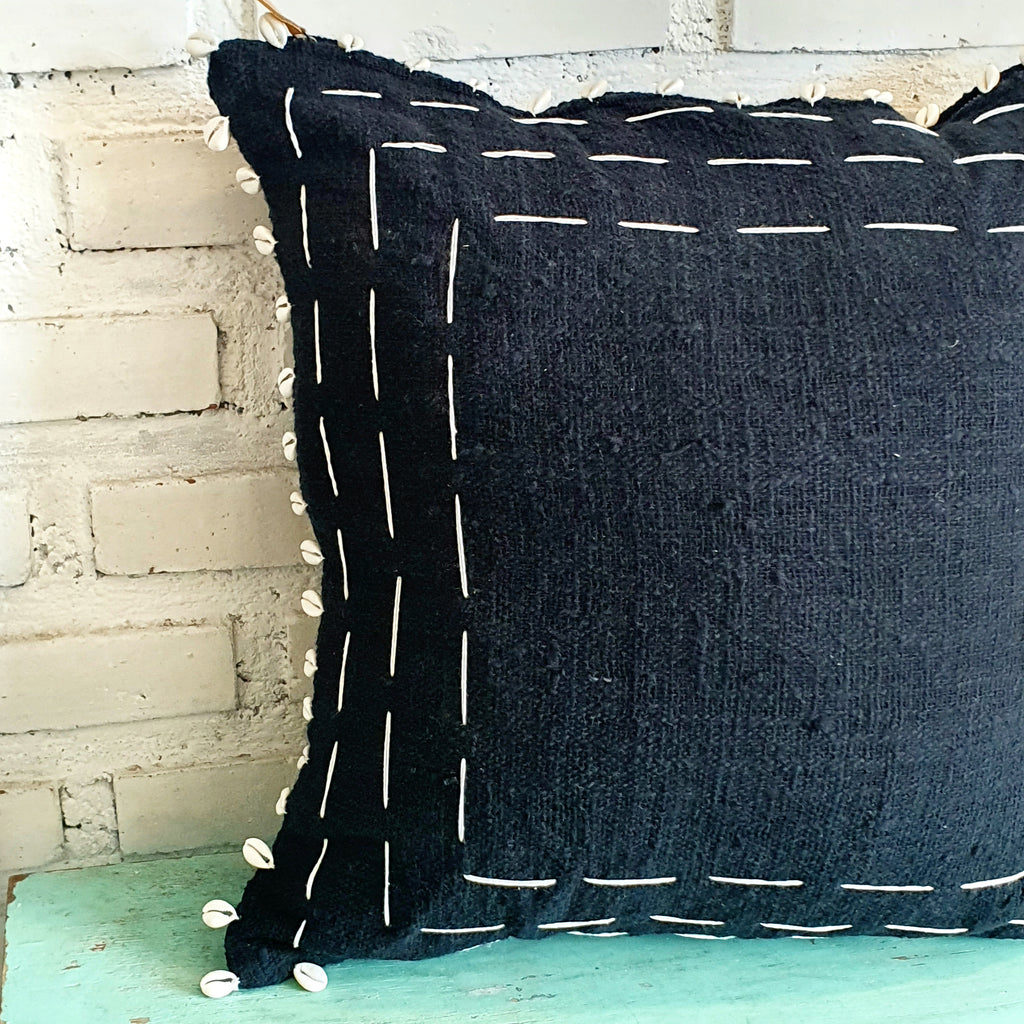 Raw Black Cotton Cushion with Hand-Stitched Shells – Canggu & Co