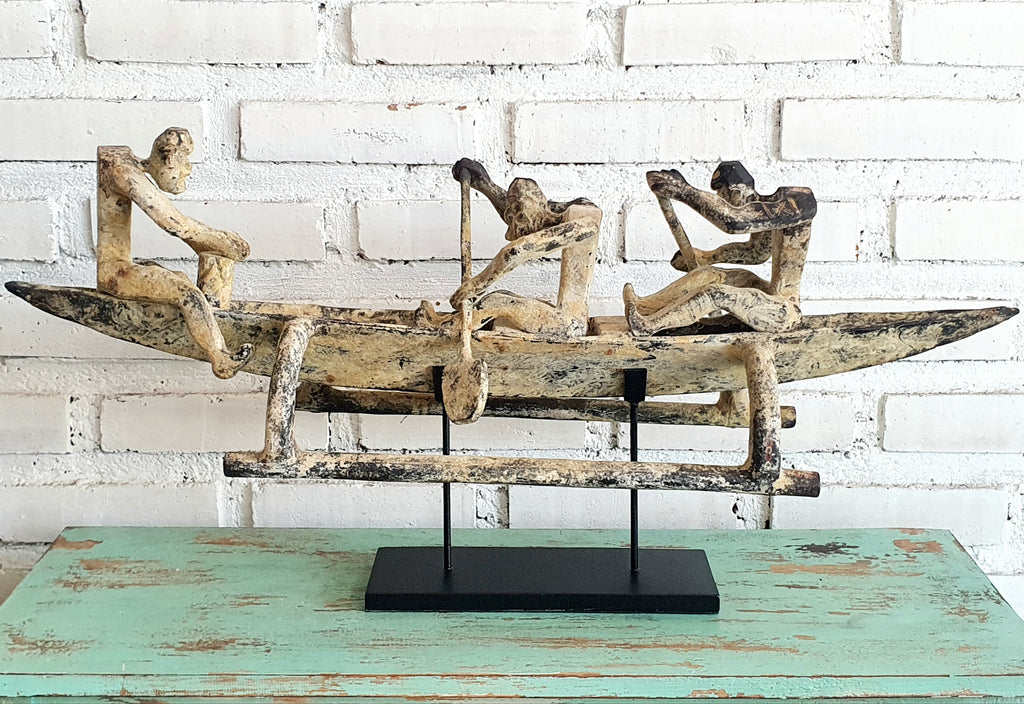 Tribal Rowing Boat Statue on Stand (W)_EZE – Canggu & Co
