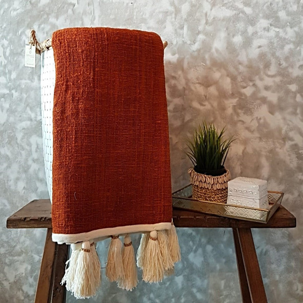 Brick Red Raw Cotton Throw With Natural Beaded Tassels – Canggu & Co