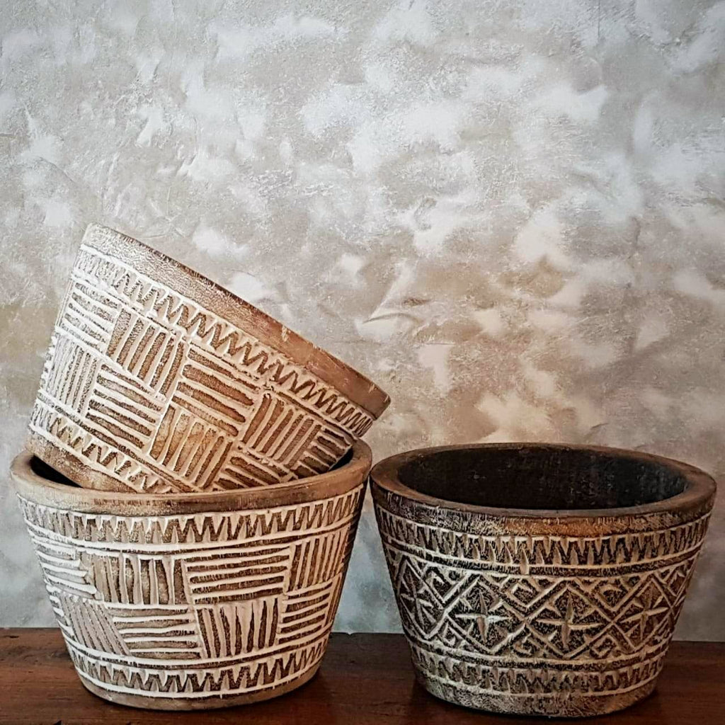 Small Tribal Patterned White Washed Wooden Pots – Canggu & Co