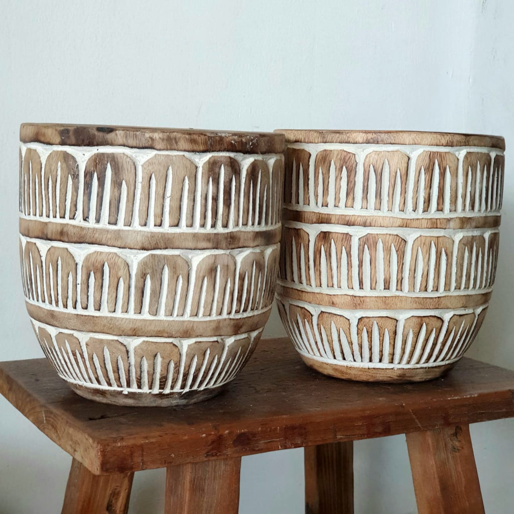 Carved Tribal Pattern Wooden Pot – Canggu & Co