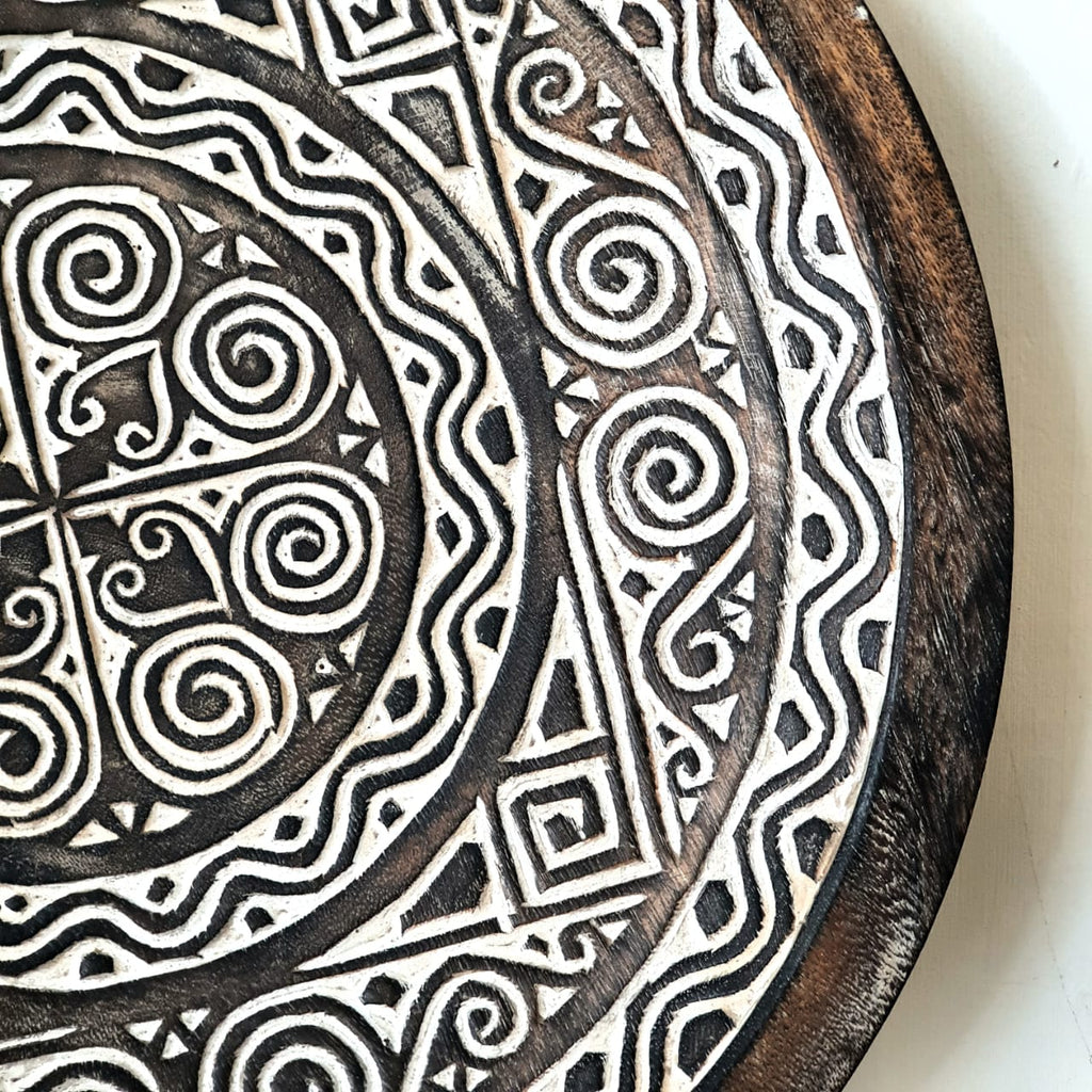 Dark Brown Wash Tribal Pattern Carved Wooden Plate Decor – Canggu & Co