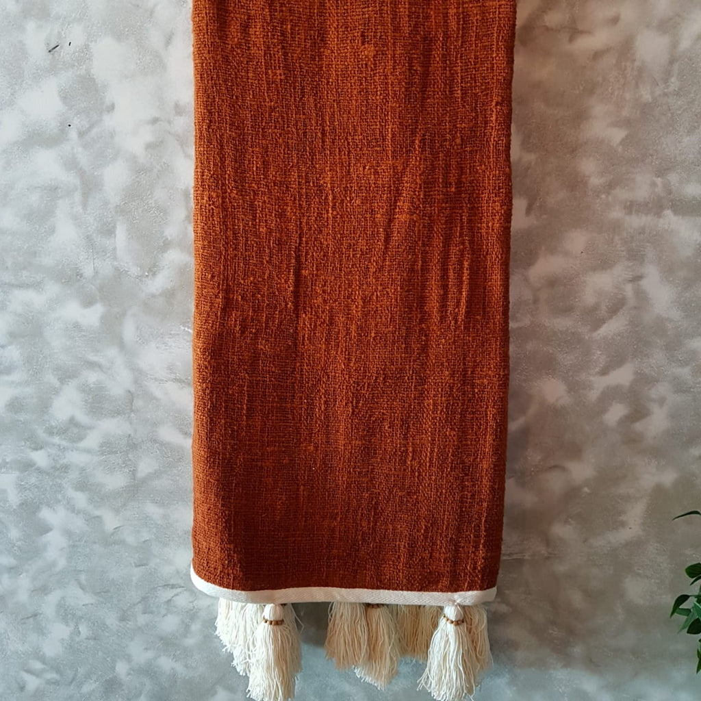 Brick Red Raw Cotton Throw With Natural Beaded Tassels – Canggu & Co
