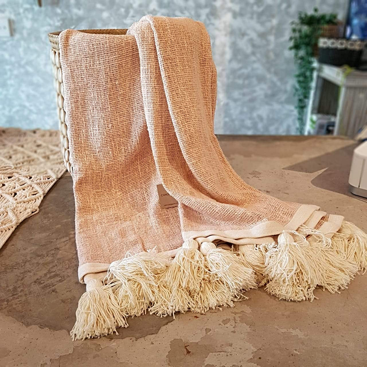 Light Pink Raw Cotton Throw With Tassels – Canggu & Co