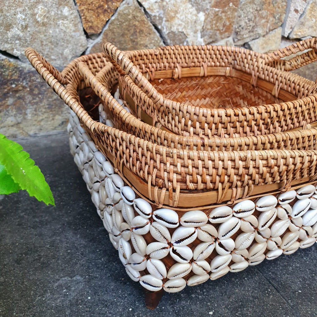 Set 3 Square Rattan, Bamboo & Shell Basket Trays With Handles – Canggu & Co