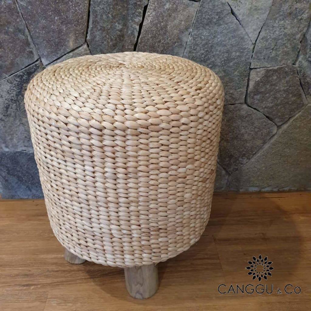 Round Water Hyacinth Stool With Short Wooden Legs – Canggu & Co